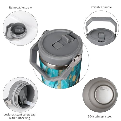 30 Oz Tumbler with Handle And Straw, Turquoise Blue Gold Marble Leakproof Stainless Steel Water Bottle for Hot & Cold Drinks 24 Hours, Car Cup Holder Friendly, Travel Mug for Home, Office, Gym