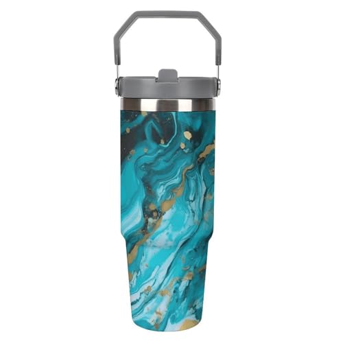 30 Oz Tumbler with Handle And Straw, Turquoise Blue Gold Marble Leakproof Stainless Steel Water Bottle for Hot & Cold Drinks 24 Hours, Car Cup Holder Friendly, Travel Mug for Home, Office, Gym