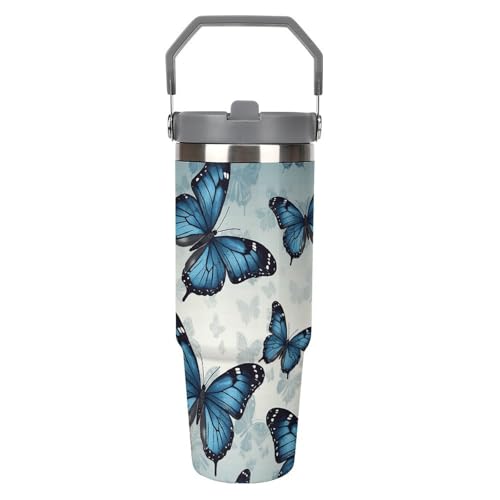 STVNKML 30 Oz Tumbler with Handle And Straw, Blue Butterfly Leakproof Stainless Steel Water Bottle for Hot & Cold Drinks 24 Hours, Car Cup Holder Friendly, Travel Mug for Home, Office, Gym
