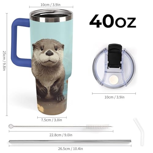 LLUTSNTH 40 Oz Vacuum Tumbler with Deep Blue Handle Leakproof Insulated Tumbler Cute Otter Stainless Steel Travel Mug with Lid And Straw Coffee Cup Cute Water Bottles Cup Holder Friendly