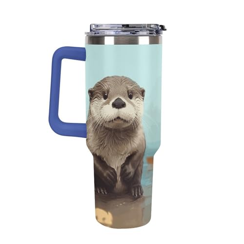 LLUTSNTH 40 Oz Vacuum Tumbler with Deep Blue Handle Leakproof Insulated Tumbler Cute Otter Stainless Steel Travel Mug with Lid And Straw Coffee Cup Cute Water Bottles Cup Holder Friendly