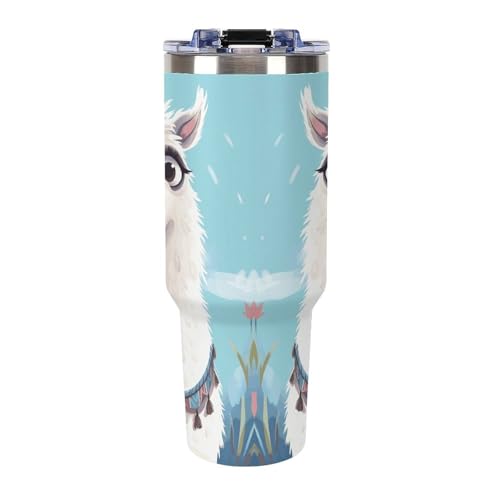 LLUTSNTH 40 Oz Vacuum Tumbler with Deep Blue Handle Leakproof Insulated Tumbler Llama Stainless Steel Travel Mug with Lid And Straw Coffee Cup Cute Water Bottles Cup Holder Friendly