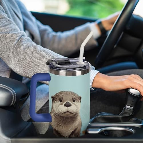 LLUTSNTH 40 Oz Vacuum Tumbler with Deep Blue Handle Leakproof Insulated Tumbler Cute Otter Stainless Steel Travel Mug with Lid And Straw Coffee Cup Cute Water Bottles Cup Holder Friendly