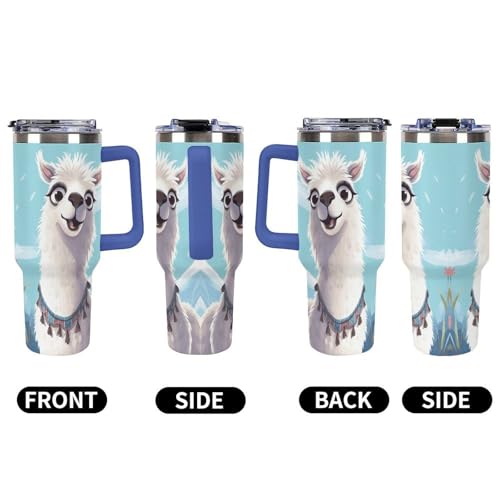 LLUTSNTH 40 Oz Vacuum Tumbler with Deep Blue Handle Leakproof Insulated Tumbler Llama Stainless Steel Travel Mug with Lid And Straw Coffee Cup Cute Water Bottles Cup Holder Friendly