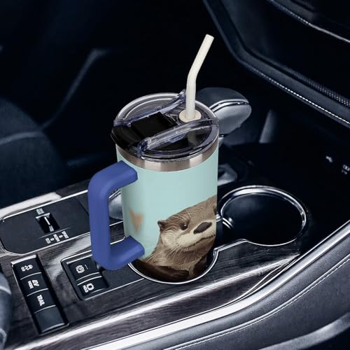 LLUTSNTH 40 Oz Vacuum Tumbler with Deep Blue Handle Leakproof Insulated Tumbler Cute Otter Stainless Steel Travel Mug with Lid And Straw Coffee Cup Cute Water Bottles Cup Holder Friendly