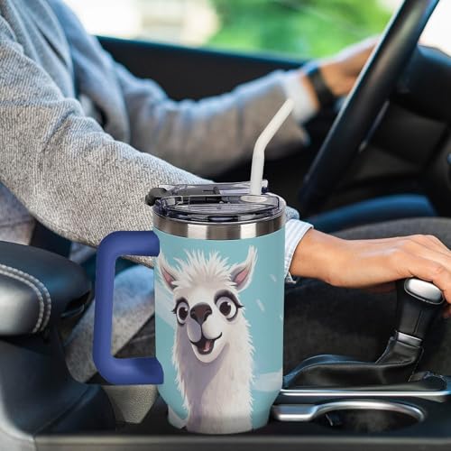 LLUTSNTH 40 Oz Vacuum Tumbler with Deep Blue Handle Leakproof Insulated Tumbler Llama Stainless Steel Travel Mug with Lid And Straw Coffee Cup Cute Water Bottles Cup Holder Friendly