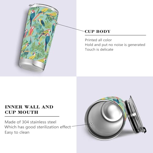 Parrots Tropical Plants Green Stainless Steel cups for hot and cold with Straw Leak Resistant Flip coffee mug to go for café reusable flip straw tumbler 20 OZ
