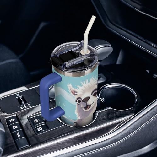 LLUTSNTH 40 Oz Vacuum Tumbler with Deep Blue Handle Leakproof Insulated Tumbler Llama Stainless Steel Travel Mug with Lid And Straw Coffee Cup Cute Water Bottles Cup Holder Friendly