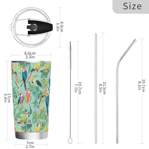 Parrots Tropical Plants Green Stainless Steel cups for hot and cold with Straw Leak Resistant Flip coffee mug to go for café reusable flip straw tumbler 20 OZ