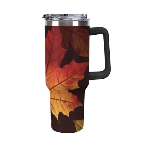 LLUTSNTH 40 Oz Vacuum Tumbler with Black Handle Leakproof Insulated Tumbler Fall Autumn Leaves Stainless Steel Travel Mug with Lid And Straw Coffee Cup Cute Water Bottles Cup Holder Friendly