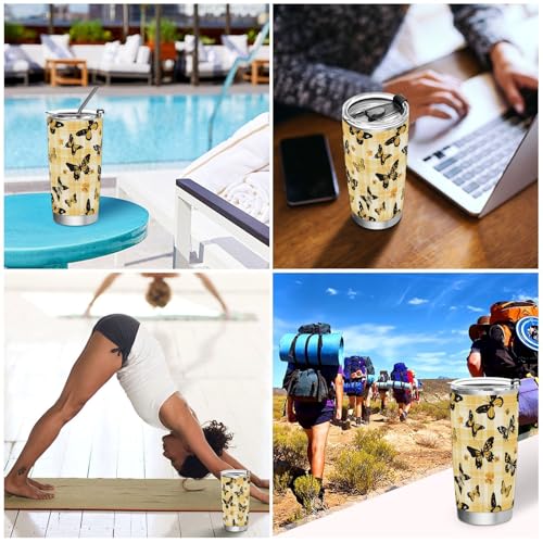 Yellow Spring Butterflies Stainless Steel cup for men Leak-proof Lid and Straw travel mug spill proof for camping modern tumblers with lids 20 OZ