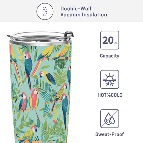 Parrots Tropical Plants Green Stainless Steel cups for hot and cold with Straw Leak Resistant Flip coffee mug to go for café reusable flip straw tumbler 20 OZ