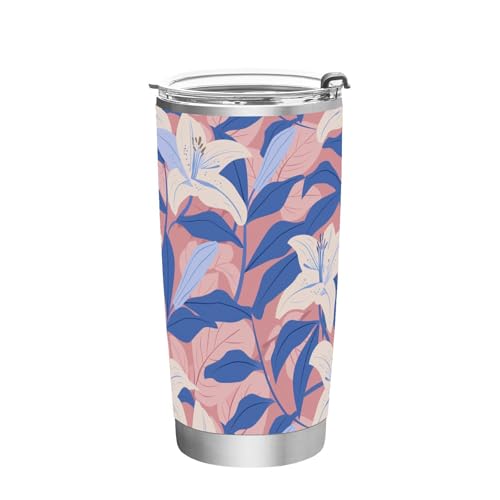 Large White Lily Flowers Blue Leaves Stainless Steel mugs for hot and cold with Straw Leak Resistant Flip coffee mug insulated for gym reusable tumblers with lids and straws 20 OZ