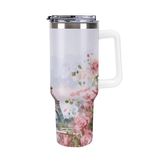 40 Oz Vacuum Tumbler with White Handle Leakproof Insulated Tumbler Paris Eiffel Tower with Flowers Stainless Steel Travel Mug with Lid And Straw Coffee Cup Cute Water Bottles Cup Holder Friendly