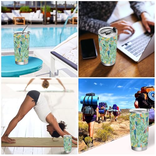 Parrots Tropical Plants Green Stainless Steel cups for hot and cold with Straw Leak Resistant Flip coffee mug to go for café reusable flip straw tumbler 20 OZ
