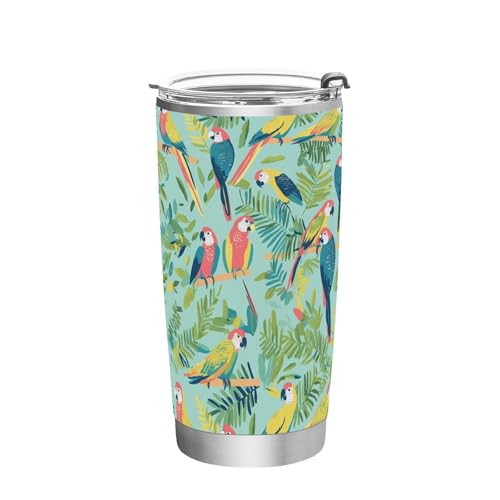 Parrots Tropical Plants Green Stainless Steel cups for hot and cold with Straw Leak Resistant Flip coffee mug to go for cafĂŠ reusable flip straw tumbler 20 OZ