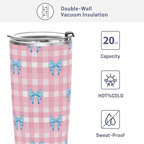 Pink Plaid Bow Stainless Steel coffee cups with lids with Straw Lid Camping Mug for camping simply flip straw tumbler 20 OZ