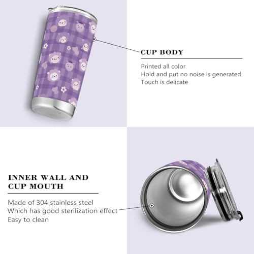 sanluoli Purple Hedgehogs Checkered Plaid Stainless Steel drinking cups with lids with Straw Leak Resistant Flip travel coffee mug for Home, Office or Car cute straw tumbler 20 OZ