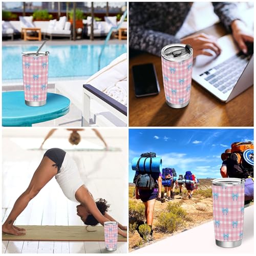 Pink Plaid Bow Stainless Steel coffee cups with lids with Straw Lid Camping Mug for camping simply flip straw tumbler 20 OZ