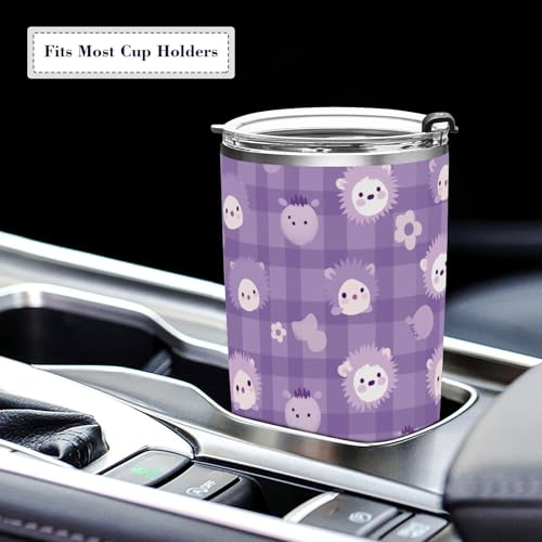 sanluoli Purple Hedgehogs Checkered Plaid Stainless Steel drinking cups with lids with Straw Leak Resistant Flip travel coffee mug for Home, Office or Car cute straw tumbler 20 OZ