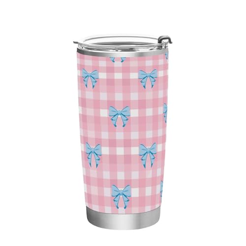 Pink Plaid Bow Stainless Steel coffee cups with lids with Straw Lid Camping Mug for camping simply flip straw tumbler 20 OZ