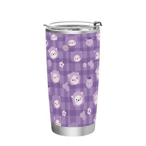 sanluoli Purple Hedgehogs Checkered Plaid Stainless Steel drinking cups with lids with Straw Leak Resistant Flip travel coffee mug for Home, Office or Car cute straw tumbler 20 OZ