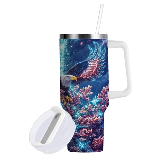 Slewiaeky Tumbler with Handle 40 oz Hawk Animal Kawaii America Travel Mug with Lid and Straw Stainless Steel Vacuum Insulated Water Bottle Cup for Iced Tea Coffee Cold Beverages Cup Holder Friendly