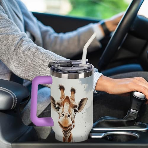LLUTSNTH 40 Oz Vacuum Tumbler with Violet Handle Leakproof Insulated Tumbler Giraffe Stainless Steel Travel Mug with Lid And Straw Coffee Cup Cute Water Bottles Cup Holder Friendly