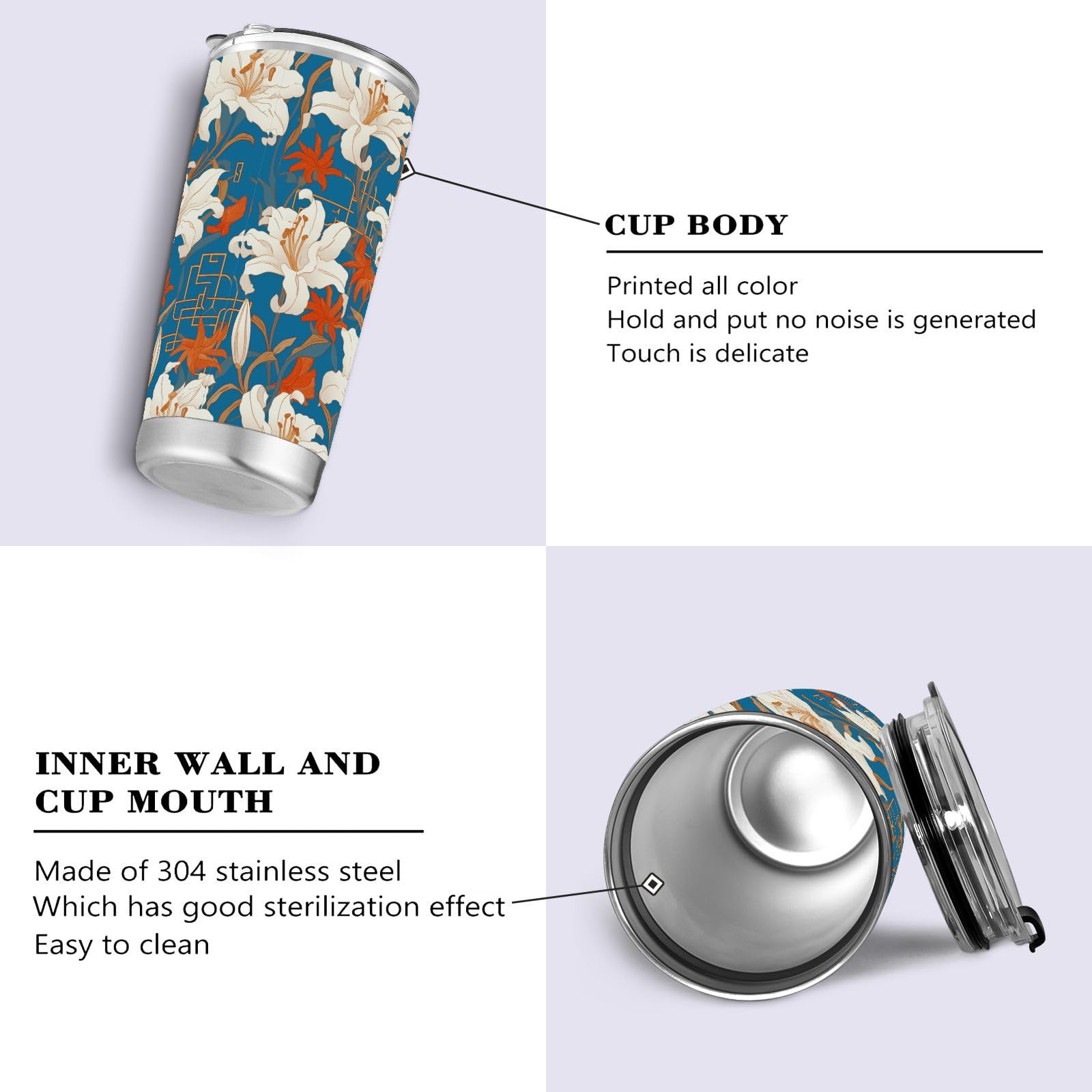 sanluoli Flat Geometric Pattern Lily Colorful Stainless Steel insulated coffee cup with Straw Leak Resistant Flip mug for hot drinks for outdoor reusable tumbler with lid and straw 20 OZ