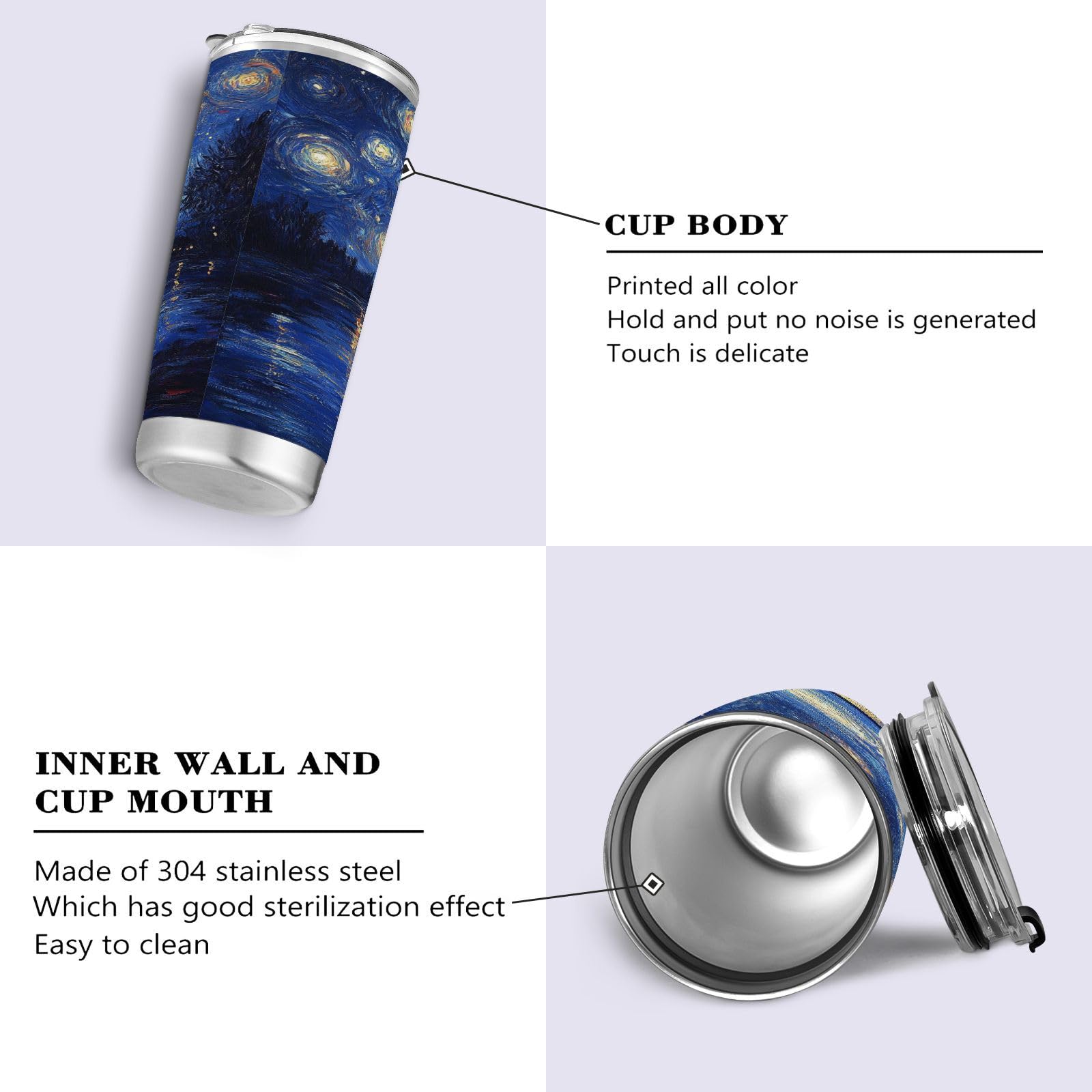 Midnight Starry Sky Stars Sparkling Stainless Steel thermal cups Leak-proof Lid and Straw travel mug for hot and cold drinks portable coffee tumbler 20 OZ