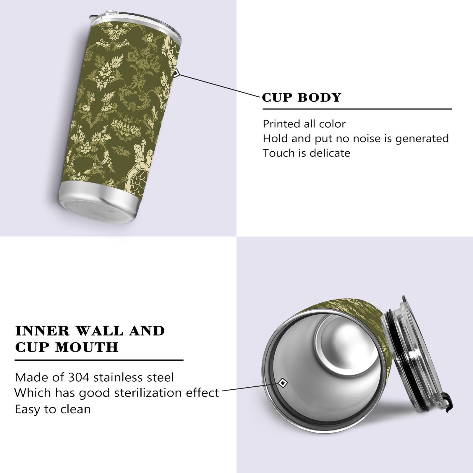Turtle Silhouette Olive Green and Sand Stainless Steel insulated cup with Lid and Straw mugs for coffee for hot and cold drinks safe tumblers with lids and straws 20 OZ
