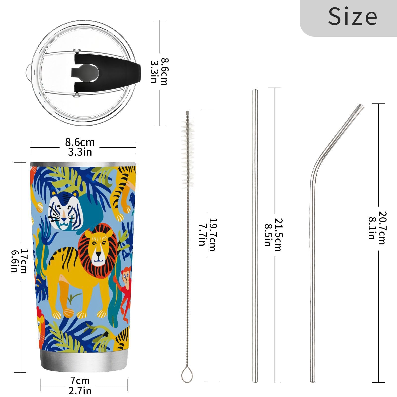 sanluoli Lion Tigers Monkey Stainless Steel car cup with Lid and Straw Camping Mug for camping simply insulated tumbler 20 OZ