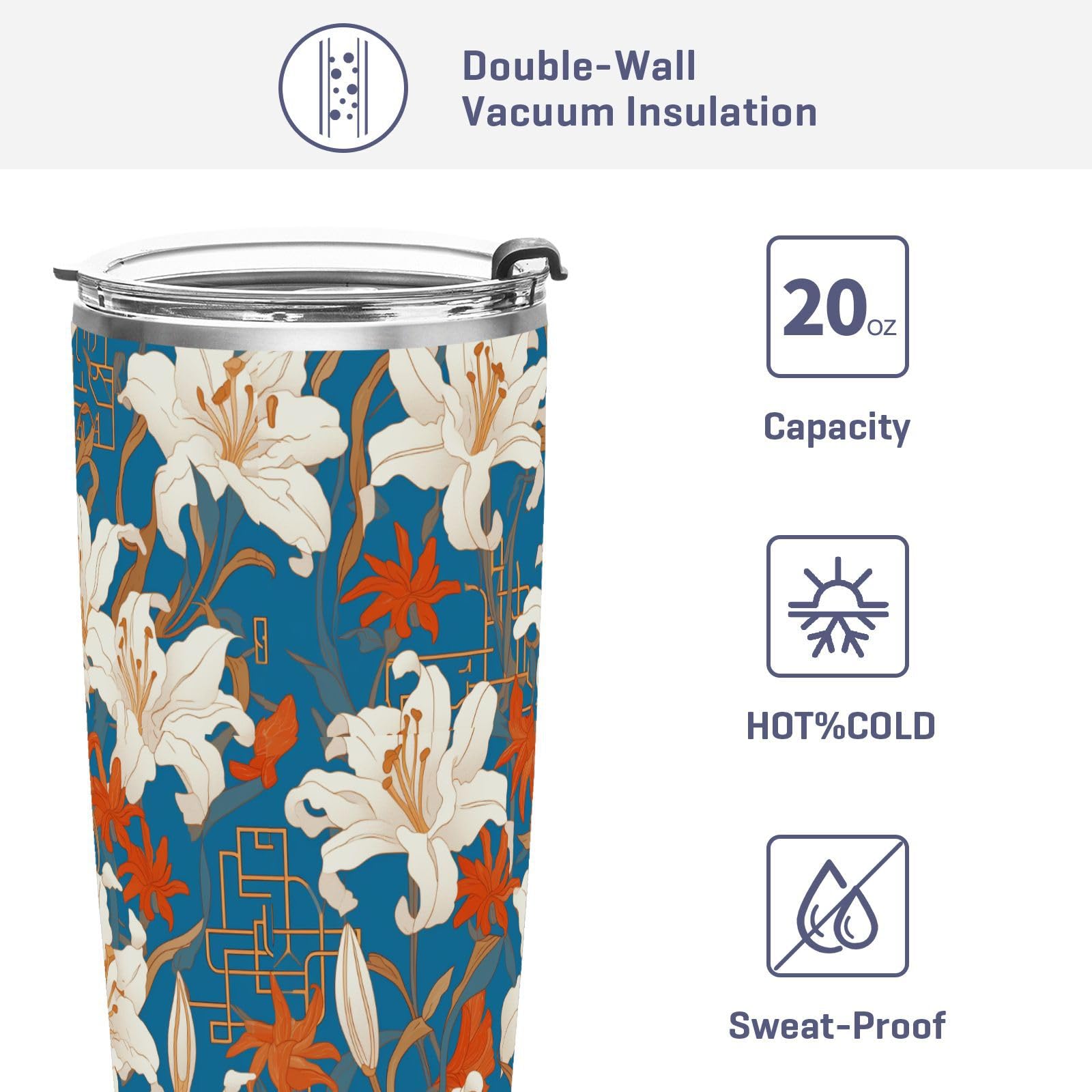 sanluoli Flat Geometric Pattern Lily Colorful Stainless Steel insulated coffee cup with Straw Leak Resistant Flip mug for hot drinks for outdoor reusable tumbler with lid and straw 20 OZ