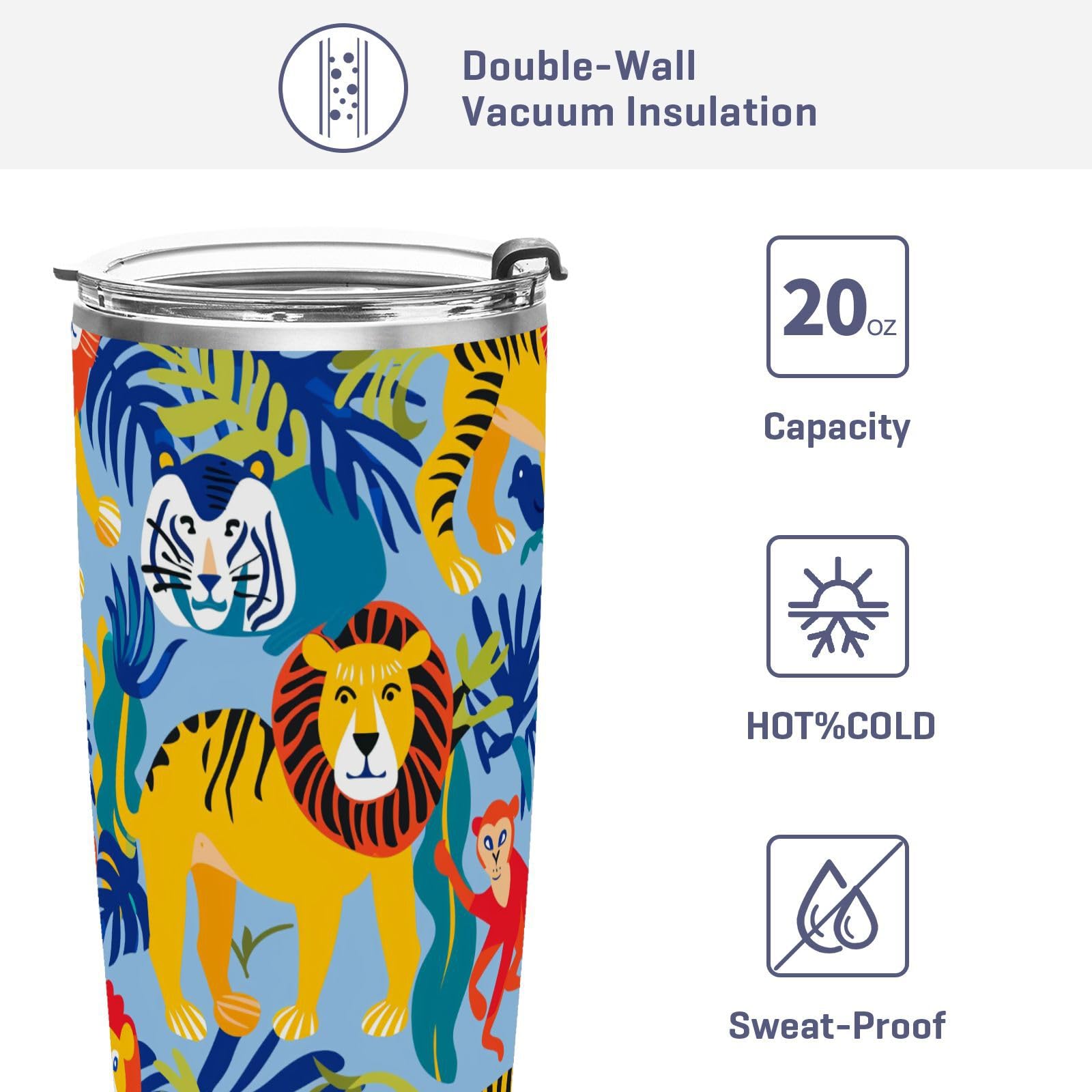 sanluoli Lion Tigers Monkey Stainless Steel car cup with Lid and Straw Camping Mug for camping simply insulated tumbler 20 OZ