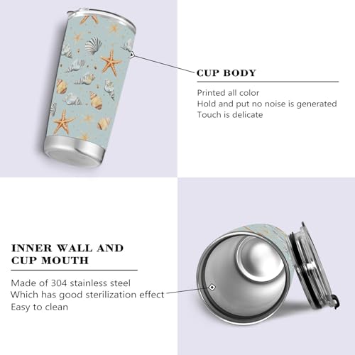 Small Starfish and Shells Light Blue Stainless Steel water bottle with straw Leak-proof Lid and Straw coffee mug for men for Water, Iced Tea or Coffee portable insulated tumbler with lid 20 OZ
