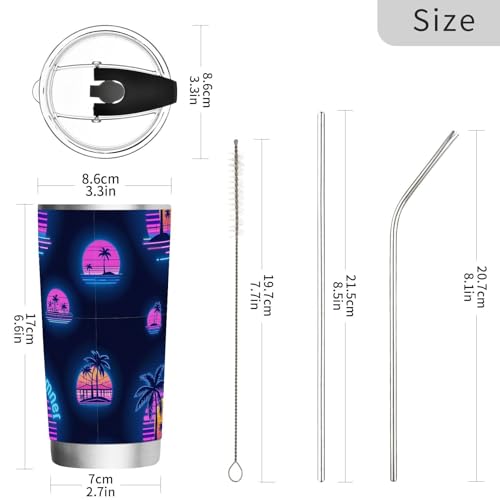 sanluoli Summer Neon Coconut Tree Sunset Stainless Steel cup with straw with Straw Lid coffee mug insulated for camping modern vacuum insulated tumbler with lid 20 OZ