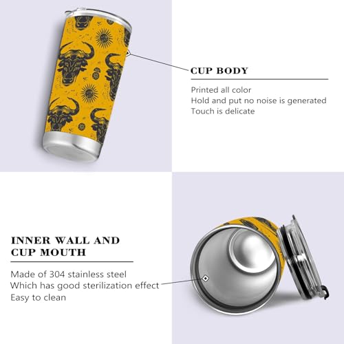 Carnival Buffalo Pattern Safari Yellow Stainless Steel cup for hot drinks Leak-proof Lid and Straw mug spill proof leak proof for Water Aesthetic tumblers with lids and straws 20 OZ