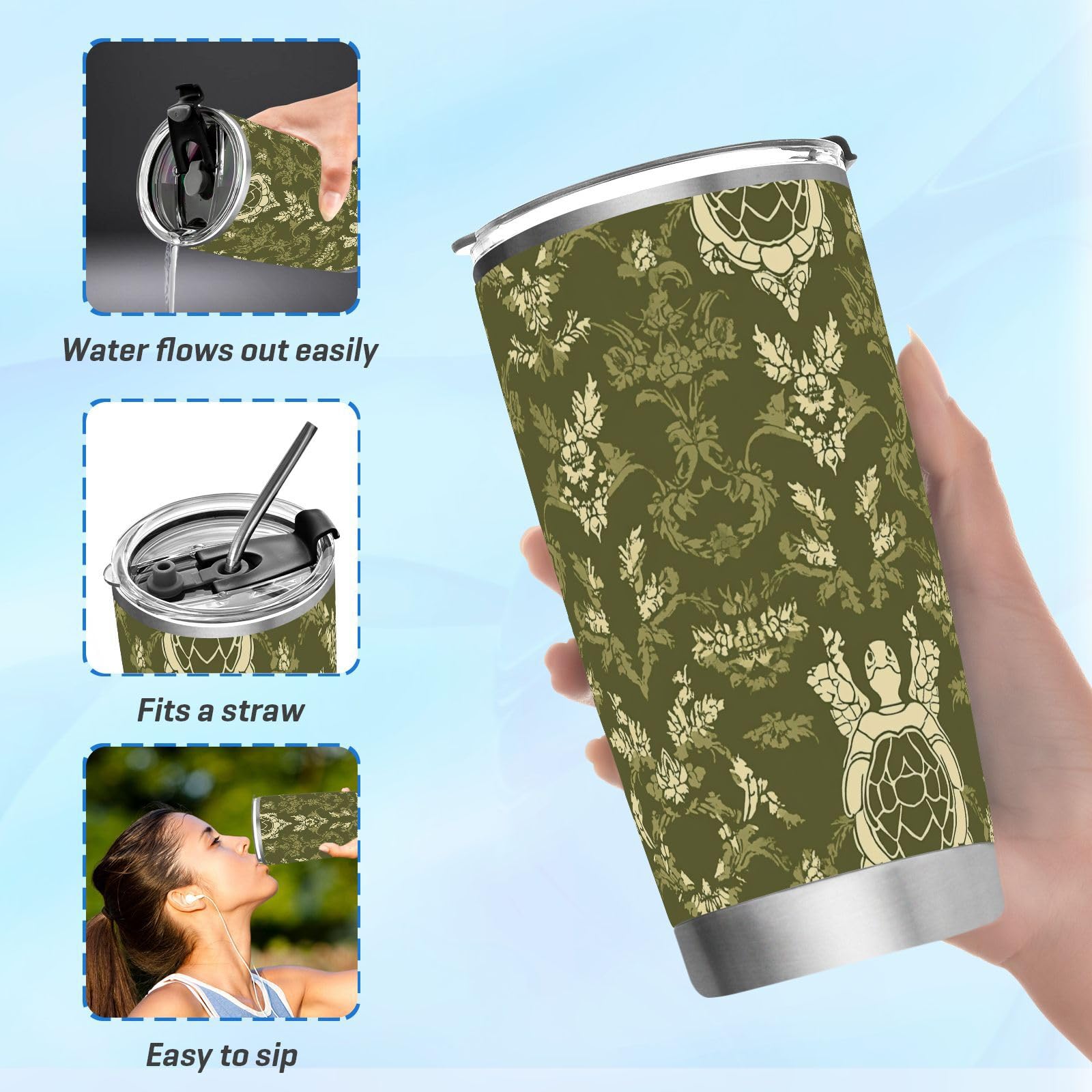 Turtle Silhouette Olive Green and Sand Stainless Steel insulated cup with Lid and Straw mugs for coffee for hot and cold drinks safe tumblers with lids and straws 20 OZ