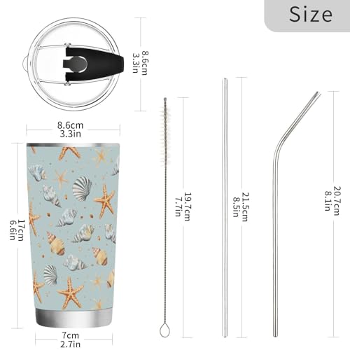 Small Starfish and Shells Light Blue Stainless Steel water bottle with straw Leak-proof Lid and Straw coffee mug for men for Water, Iced Tea or Coffee portable insulated tumbler with lid 20 OZ