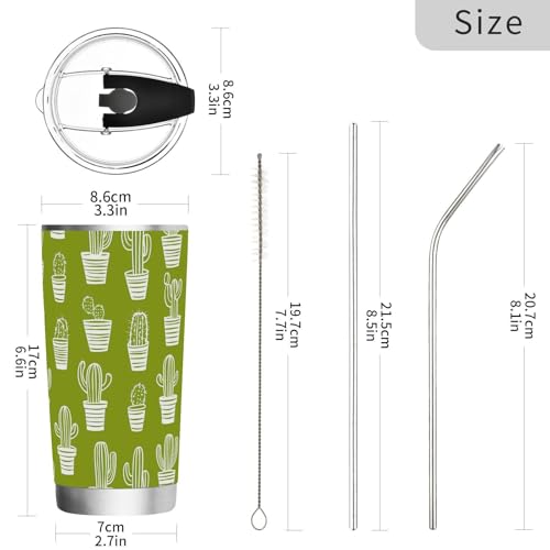 sanluoli Green Cactus Pattern Stainless Steel insulated coffee cup with Straw Lid coffee mug for men for gym leakproof straw tumbler 20 OZ