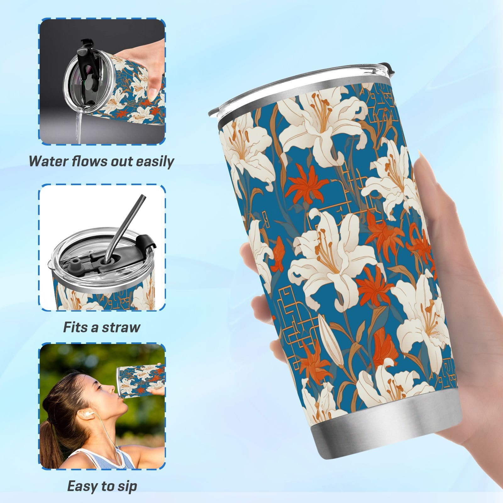 sanluoli Flat Geometric Pattern Lily Colorful Stainless Steel insulated coffee cup with Straw Leak Resistant Flip mug for hot drinks for outdoor reusable tumbler with lid and straw 20 OZ