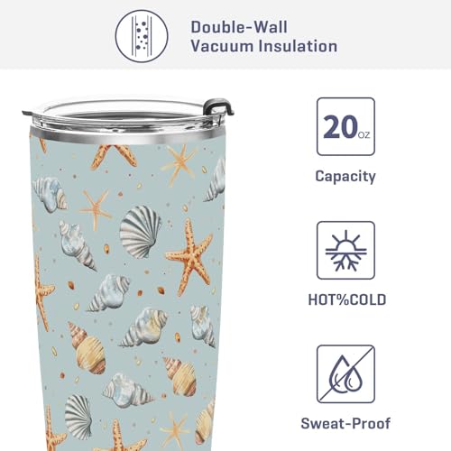 Small Starfish and Shells Light Blue Stainless Steel water bottle with straw Leak-proof Lid and Straw coffee mug for men for Water, Iced Tea or Coffee portable insulated tumbler with lid 20 OZ