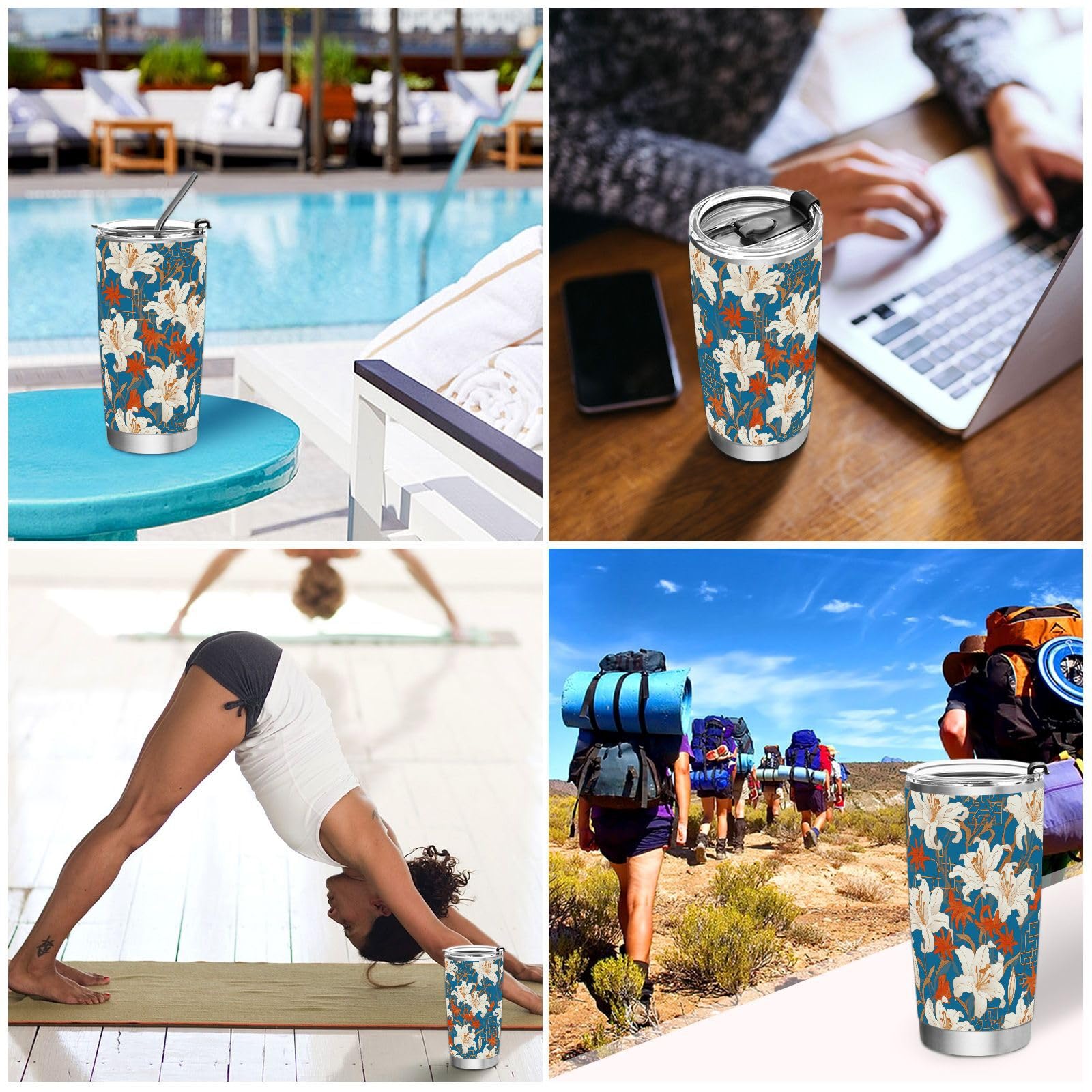 sanluoli Flat Geometric Pattern Lily Colorful Stainless Steel insulated coffee cup with Straw Leak Resistant Flip mug for hot drinks for outdoor reusable tumbler with lid and straw 20 OZ