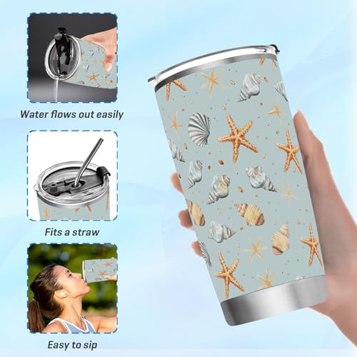 Small Starfish and Shells Light Blue Stainless Steel water bottle with straw Leak-proof Lid and Straw coffee mug for men for Water, Iced Tea or Coffee portable insulated tumbler with lid 20 OZ