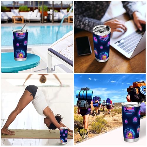 sanluoli Summer Neon Coconut Tree Sunset Stainless Steel cup with straw with Straw Lid coffee mug insulated for camping modern vacuum insulated tumbler with lid 20 OZ