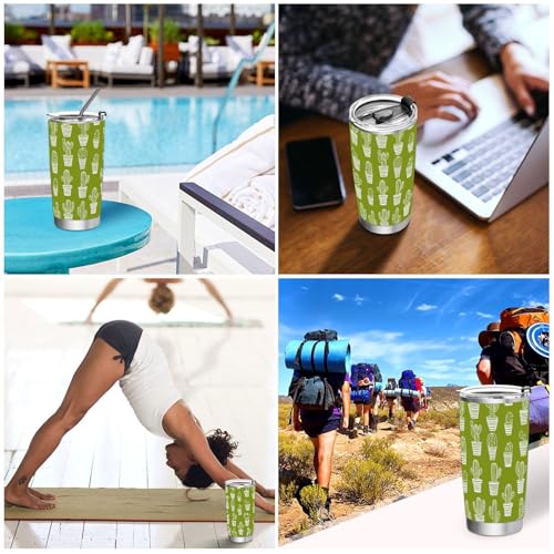 sanluoli Green Cactus Pattern Stainless Steel insulated coffee cup with Straw Lid coffee mug for men for gym leakproof straw tumbler 20 OZ