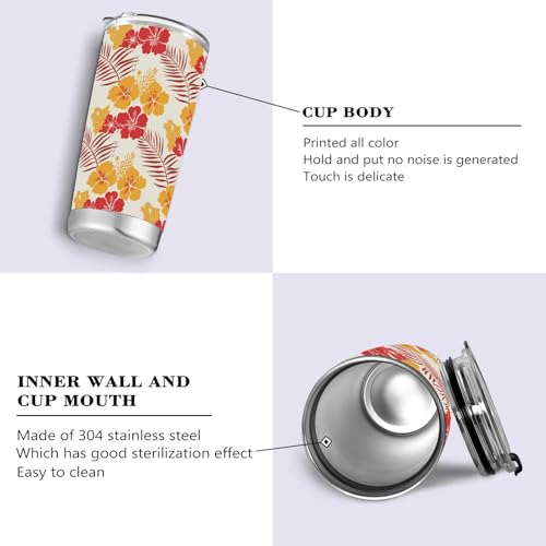Tropical Style Flower Leaves Yellow and Red Stainless Steel car cup with Lid and Straw mug for hot drinks for hot and cold drinks leakproof flip straw tumbler 20 OZ