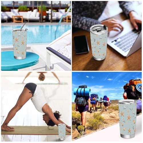 Small Starfish and Shells Light Blue Stainless Steel water bottle with straw Leak-proof Lid and Straw coffee mug for men for Water, Iced Tea or Coffee portable insulated tumbler with lid 20 OZ