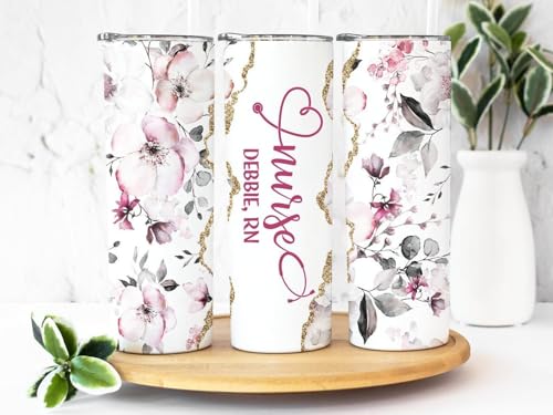Personalized Floral Nurse Tumbler, Stainless Steel Double Wall Insulated Cup With Lid And Straw, Travel Mug for School Nurses, Registered RN Coffee Cup, Gift for Medical Student Women (20 oz)
