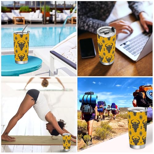Carnival Buffalo Pattern Safari Yellow Stainless Steel cup for hot drinks Leak-proof Lid and Straw mug spill proof leak proof for Water Aesthetic tumblers with lids and straws 20 OZ